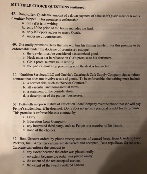 Solved MULTIPLE CHOICE QUESTIONS continued: 48. Rand offers | Chegg.com