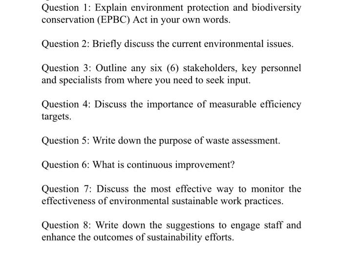 Solved Question 1: Explain environment protection and | Chegg.com