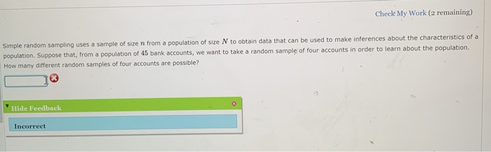 Solved Check My Work (2 remaining) Simple random sampling | Chegg.com