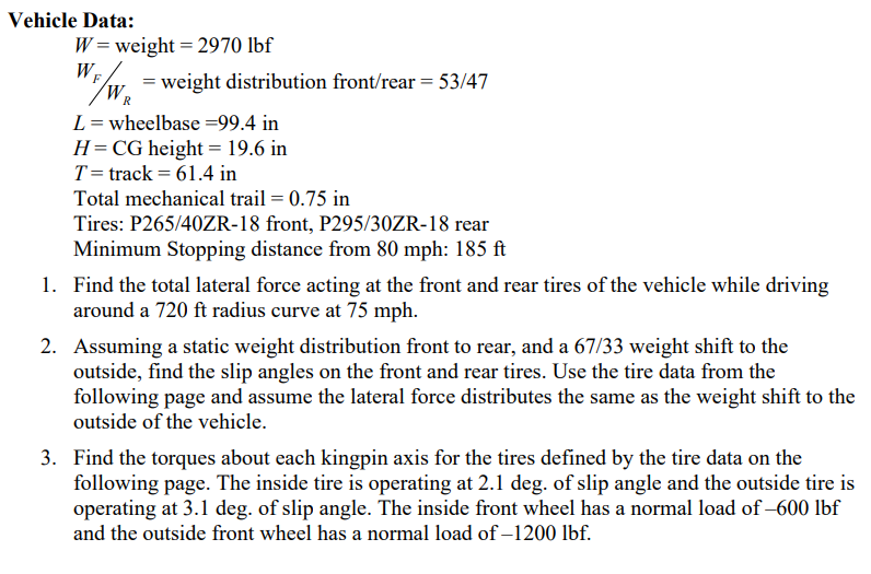 Solved Vehicle Data:W= ﻿weight =2970lbfWFWR= ﻿weight | Chegg.com