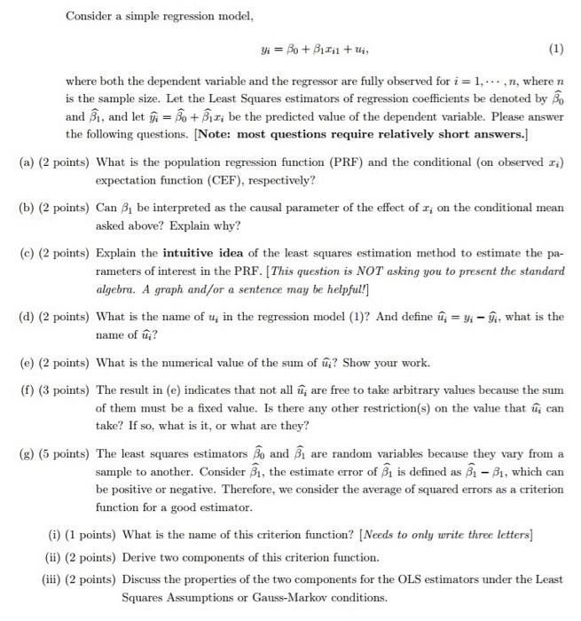 Solved Consider a simple regression model, Yi = Bo + B1f1 + | Chegg.com