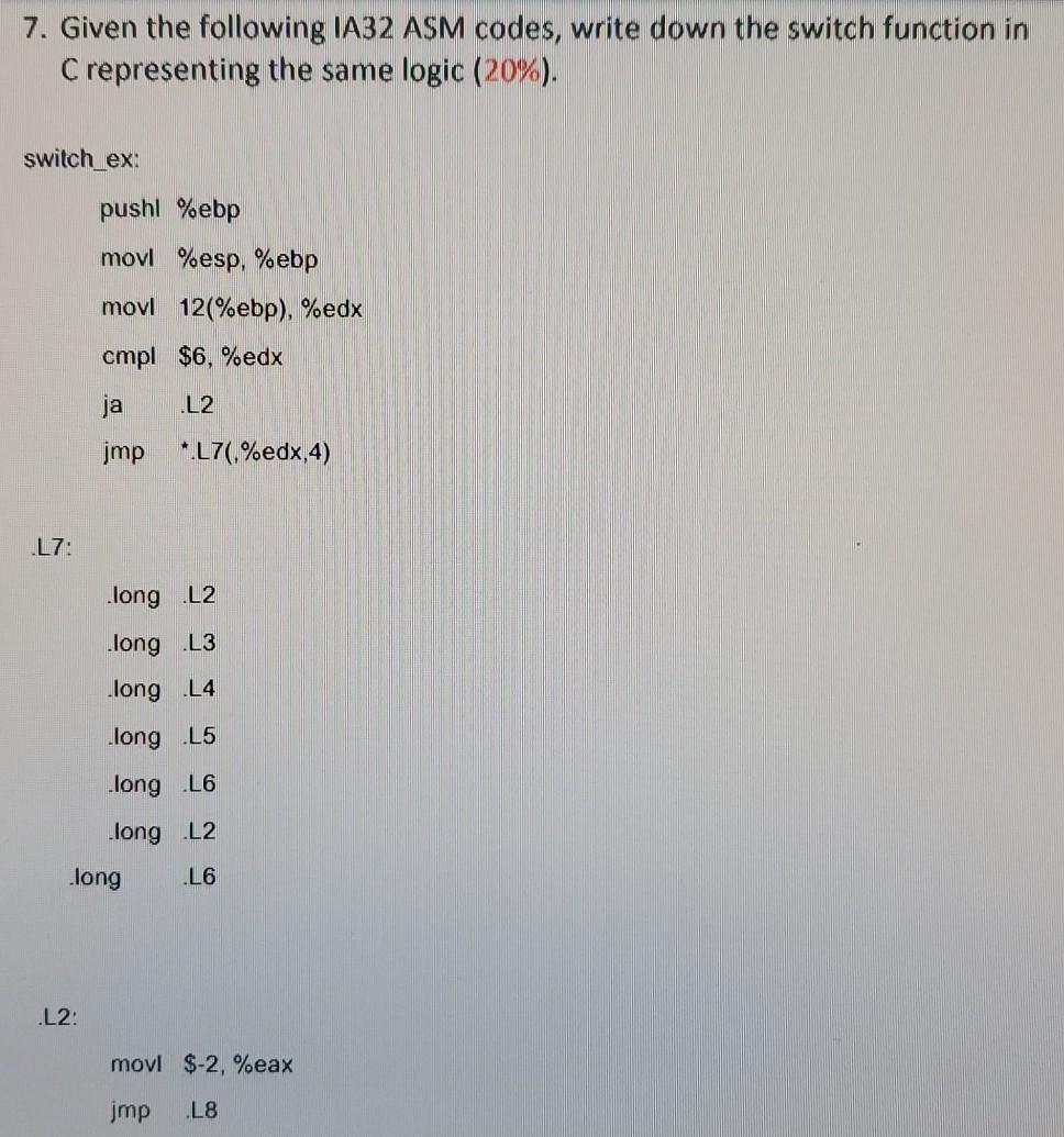 Solved 7 Given The Following Ia32 Asm Codes Write Down The