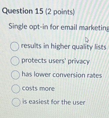 Solved Question 15 (2 ﻿points)Single opt-in for email | Chegg.com