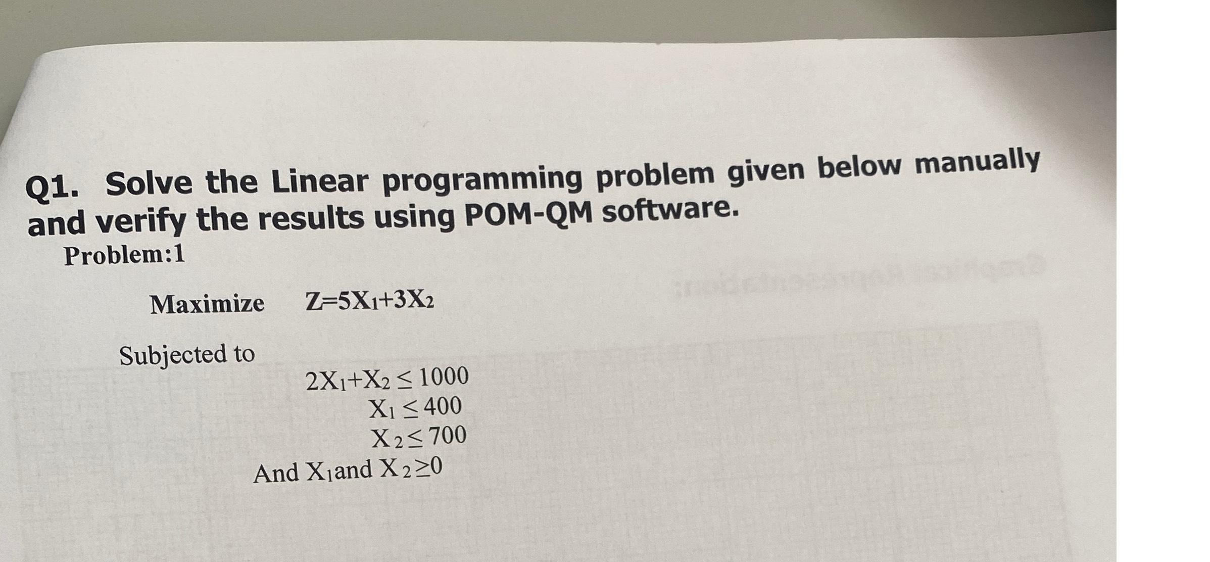 Solved Q1. ﻿Solve the Linear programming problem given below | Chegg.com