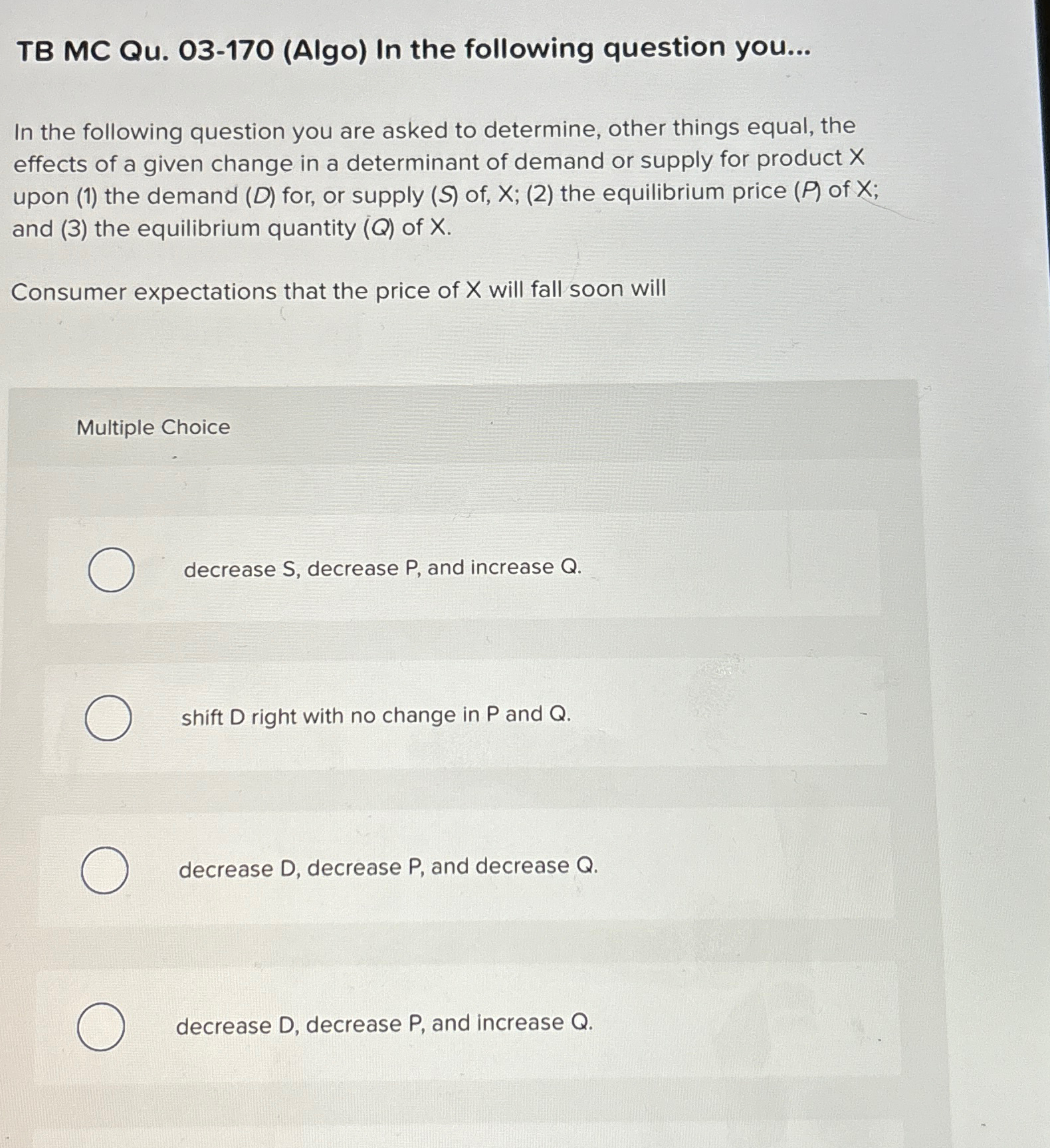 Solved TB MC Qu. 03-170 (Algo) ﻿In the following question | Chegg.com