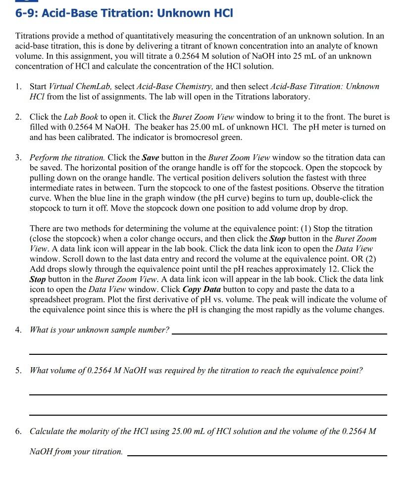 Solved 6-9: Acid-Base Titration: Unknown HCI Titrations | Chegg.com