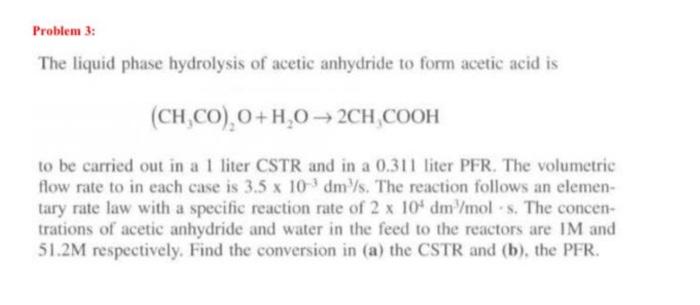 Solved Problem 3: The liquid phase hydrolysis of acetic | Chegg.com