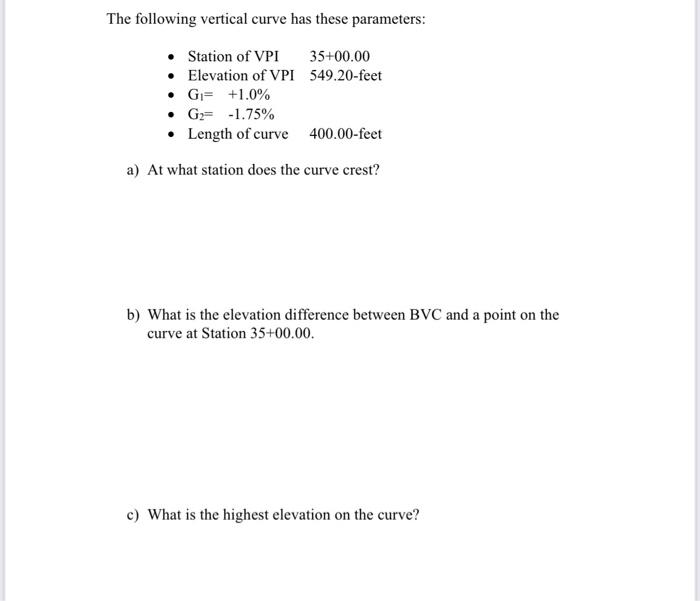 Solved The following vertical curve has these parameters: - | Chegg.com