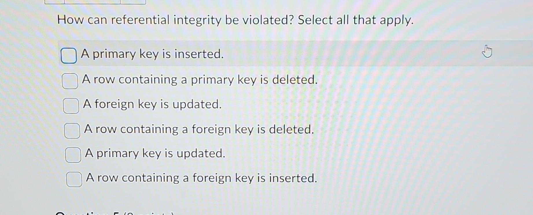 Solved How can referential integrity be violated? Select all | Chegg.com