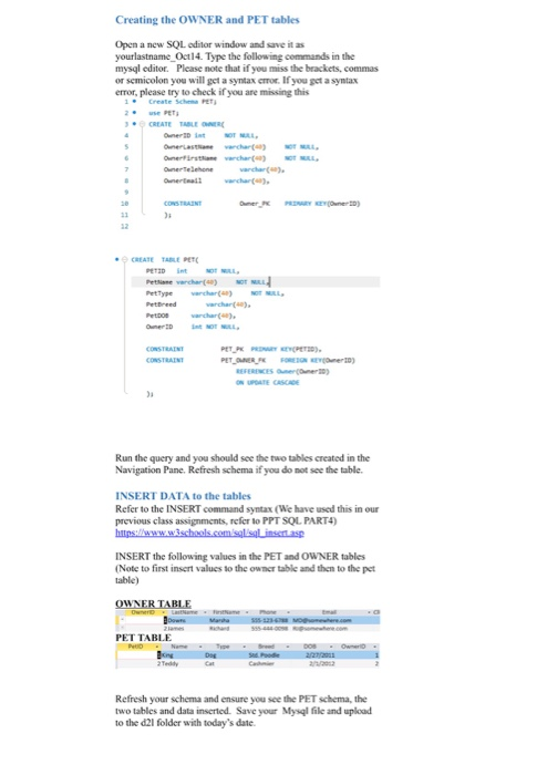 Solved Creating the OWNER and PET tables Open a new SQL | Chegg.com