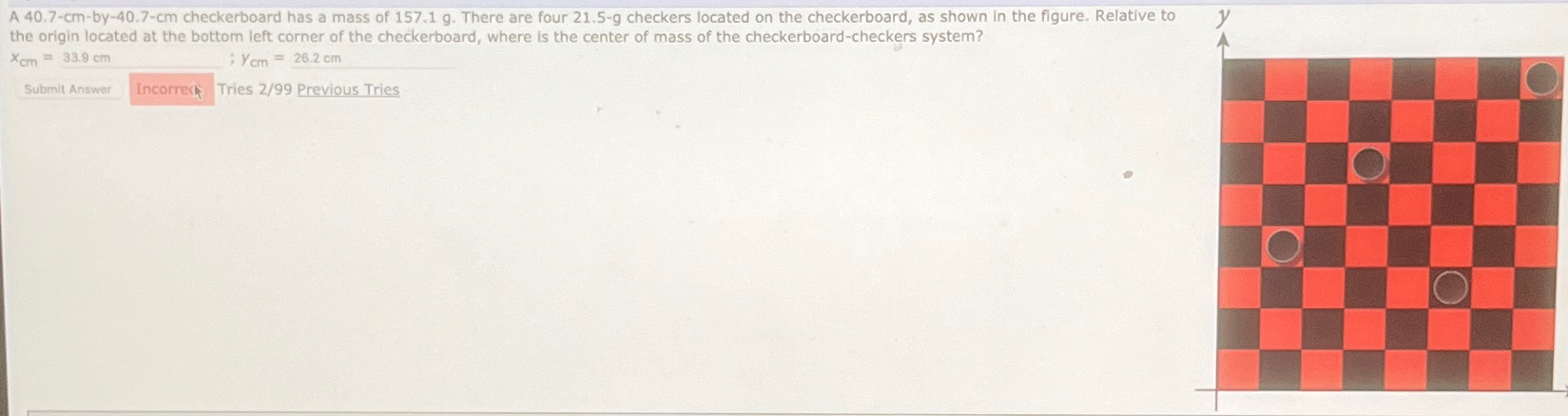 Solved A 40.7-cm- ﻿by -40.7-cm ﻿checkerboard has a mass of | Chegg.com