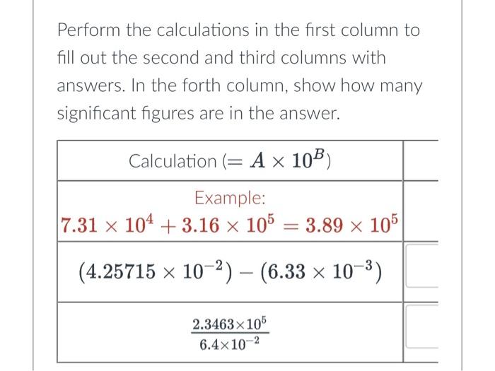 Solved Perform the calculations in the first column to fill | Chegg.com