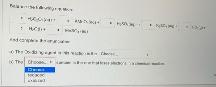 Solved Balance the following equation: • H2C2O4(aq) + | Chegg.com
