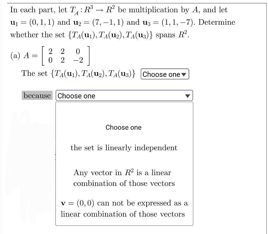 Solved In each part, let TA:R3→R2 be multiplication by A, | Chegg.com