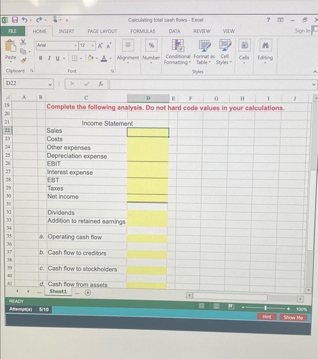 Solved Saved 05 Calculating total cash flows - Excel ? 6 X | Chegg.com