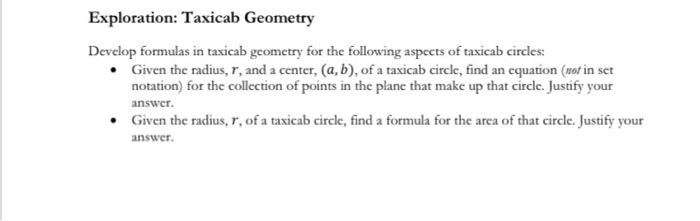 Solved Exploration: Taxicab Geometry Develop formulas in | Chegg.com