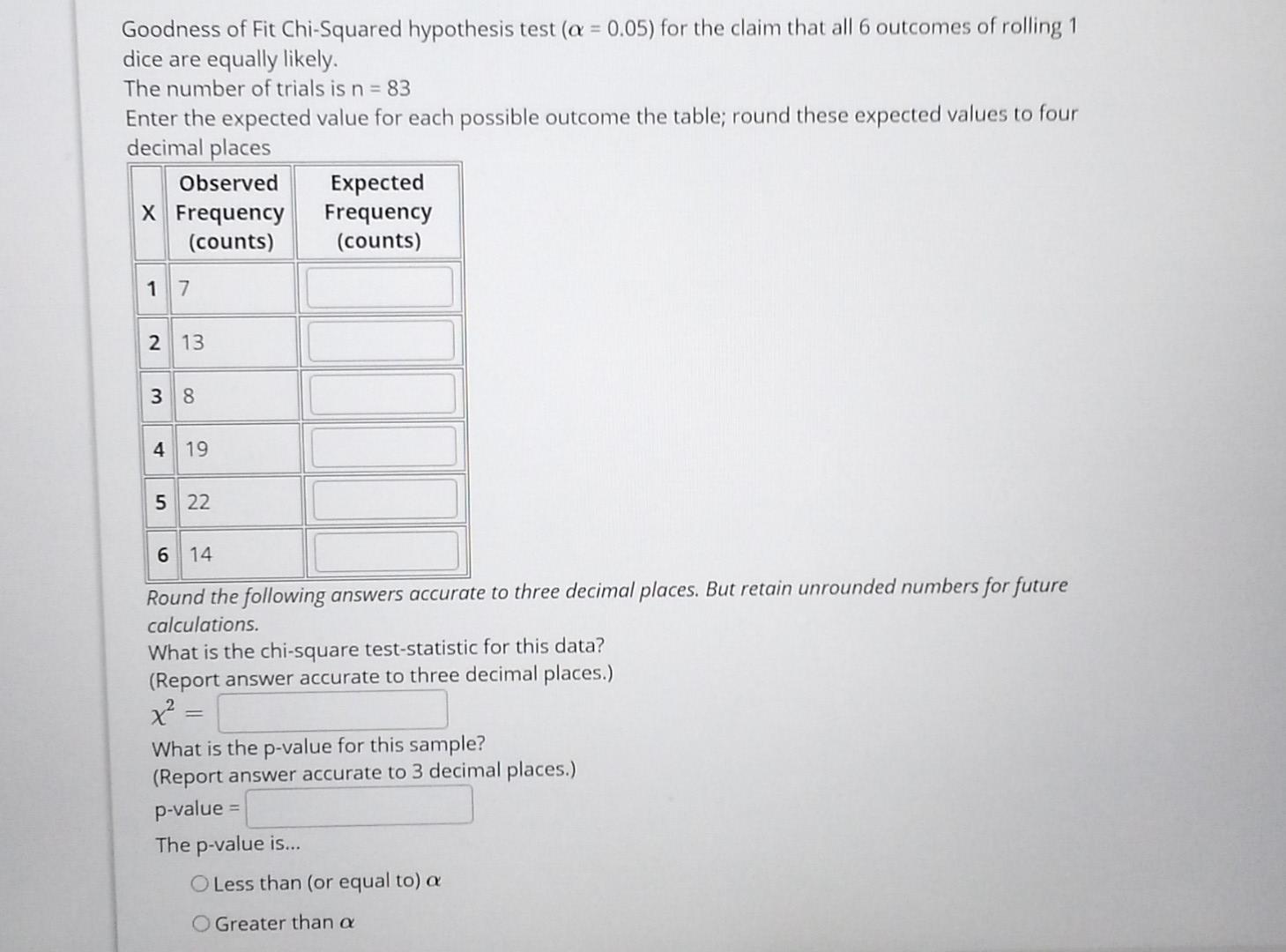 Solved Goodness of Fit Chi-Squared hypothesis test (a = | Chegg.com