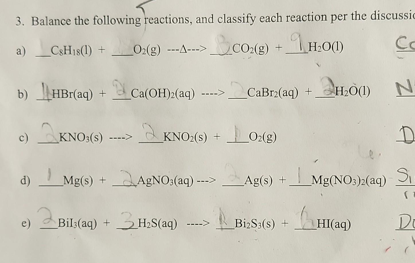 Solved 3. Balance the following reactions, and classify each | Chegg.com