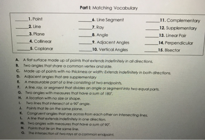 Solved Part 1: Matching Vocabulary 1. Point 2. Line 3. Plane | Chegg.com