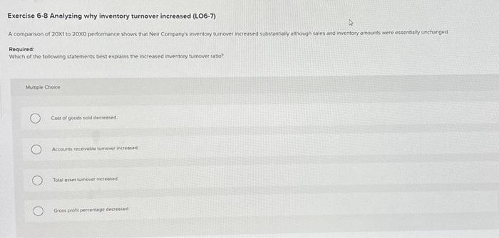 Exercise 6-8 Analyzing why inventory turnover | Chegg.com