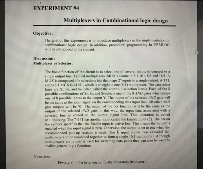 Solved EXPERIMENT #4 Multiplexers in Combinational logic | Chegg.com