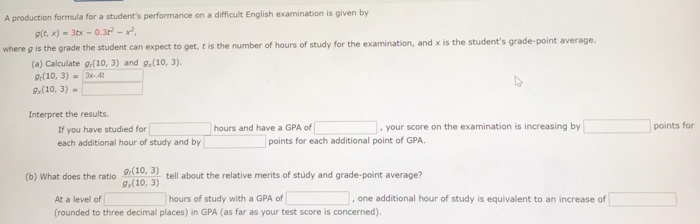 Solved A production formula for a student's performance on a | Chegg.com