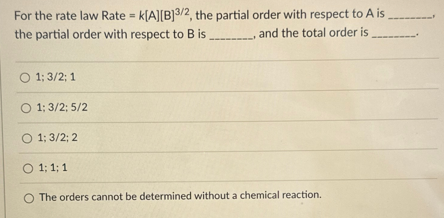 Solved For the rate law Rate =k[A][B]32, ﻿the partial order | Chegg.com