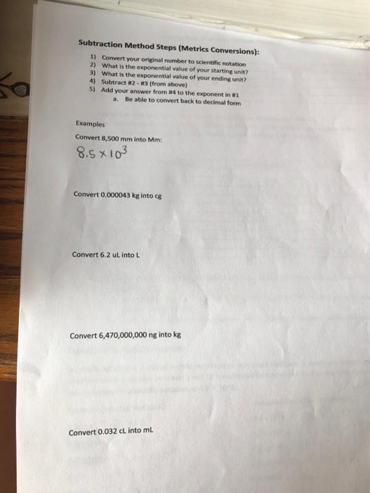 Solved Subtraction Method Steps (Metrics Conversions): 1) | Chegg.com