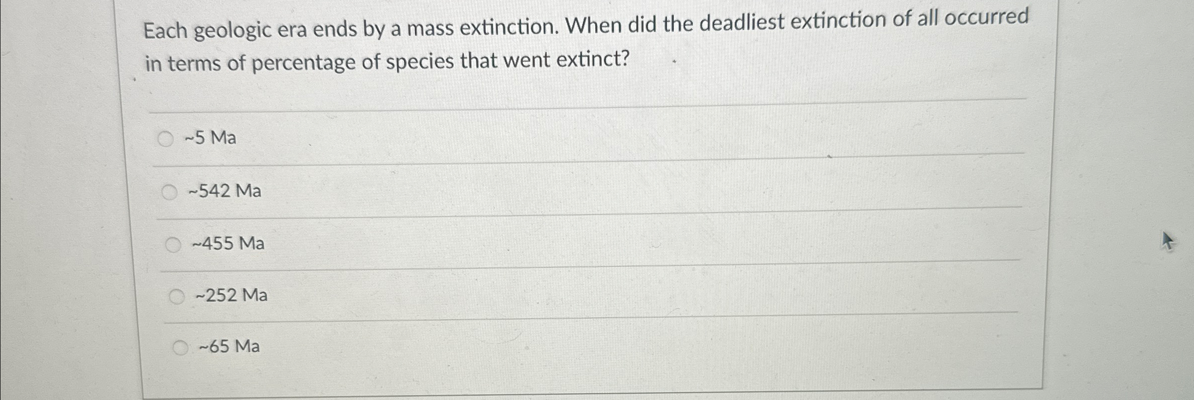 Solved Each geologic era ends by a mass extinction. When did | Chegg.com