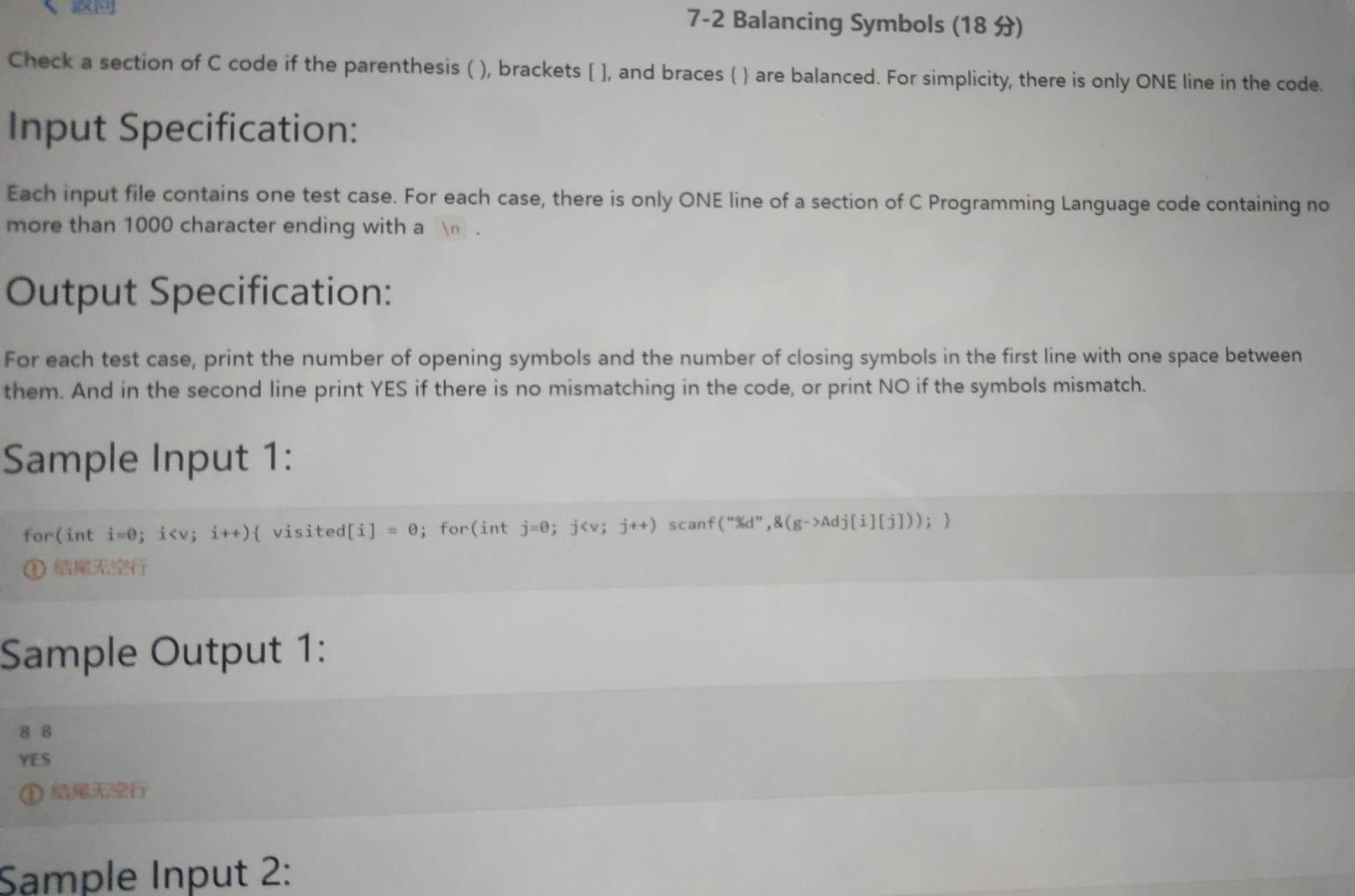 Solved 7-2 Balancing Symbols (18 H) Check a section of C | Chegg.com