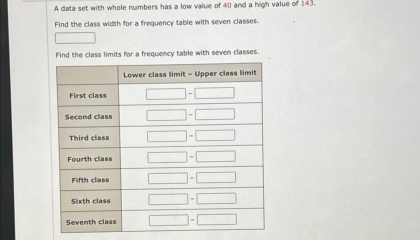 Solved A data set with whole numbers has a low value of 40 | Chegg.com