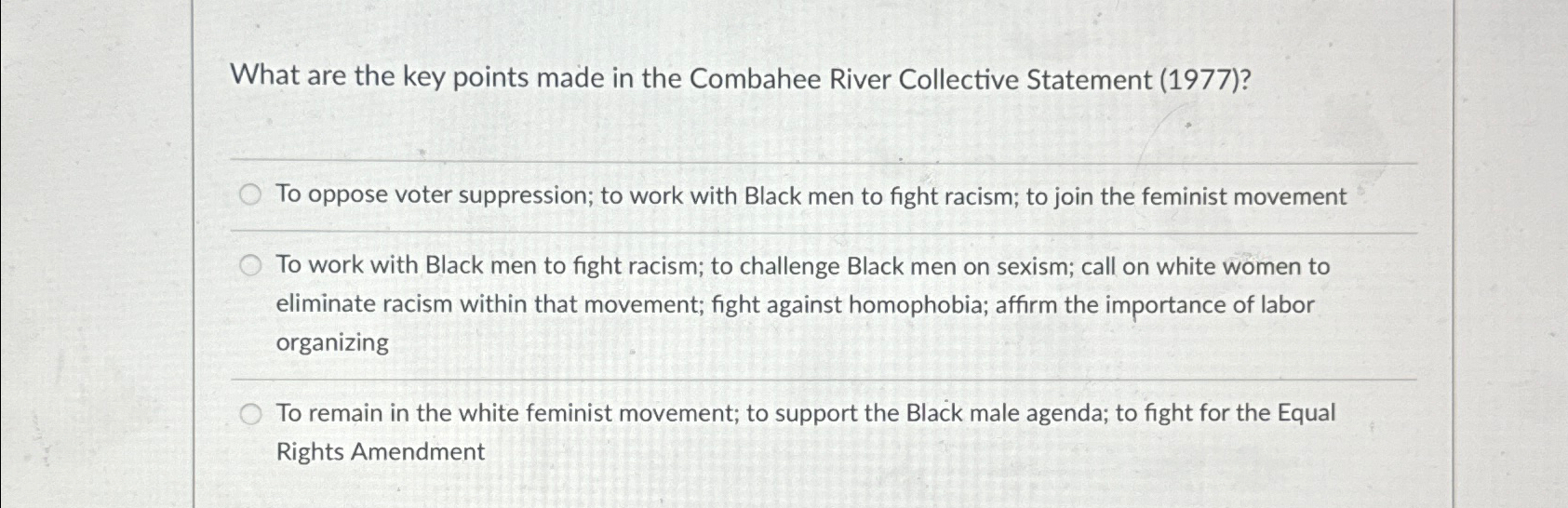 Solved What are the key points made in the Combahee River | Chegg.com