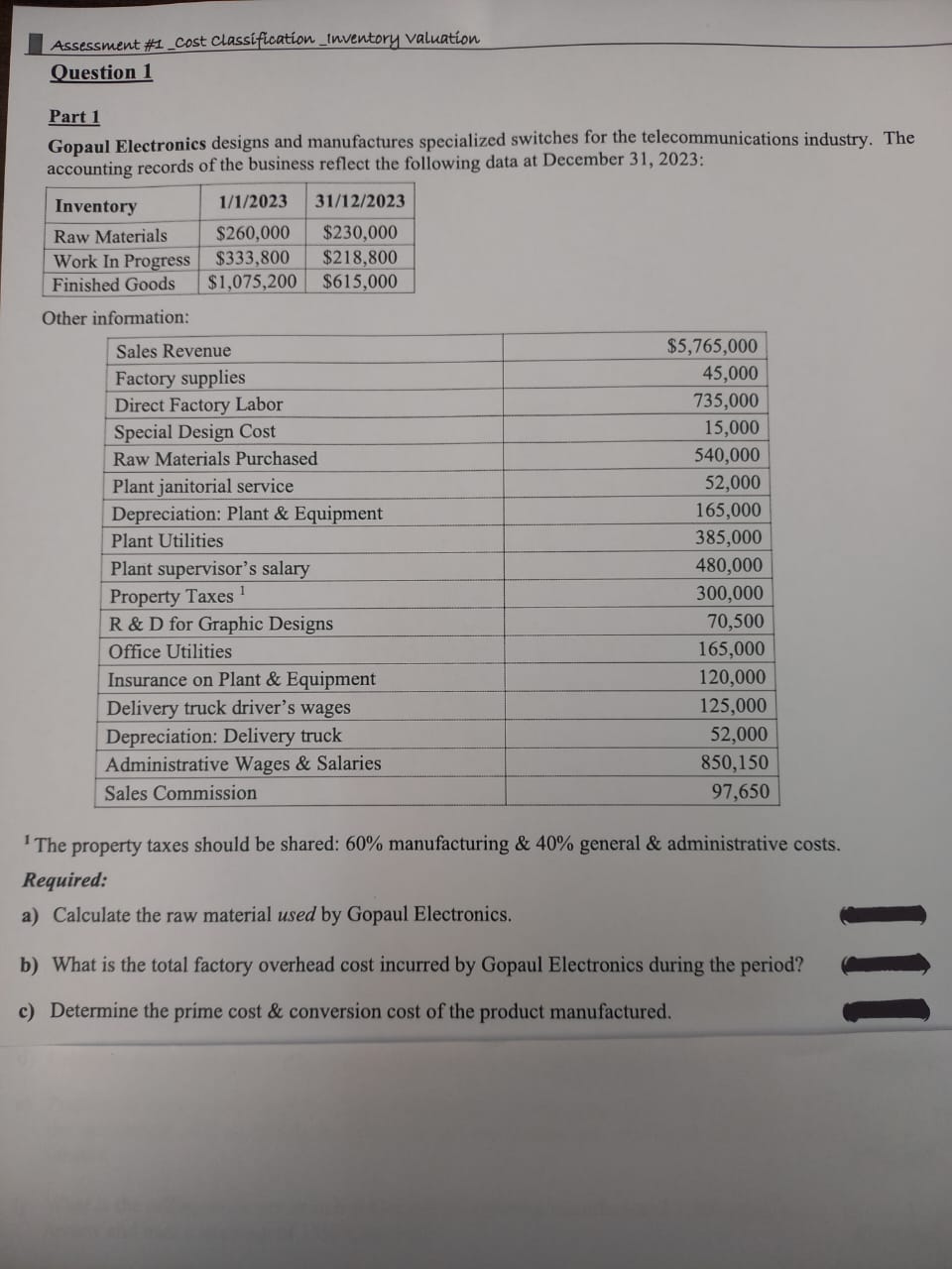 Solved Assessment #1_cost Classification_inventory | Chegg.com
