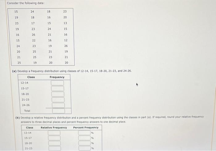 Solved Consider the following data: (a) Develop a frequency | Chegg.com