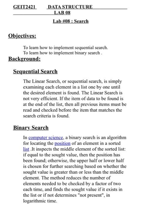 Solved GEIT2421 DATA STRUCTURE LAB 08 Lab #08 : Search | Chegg.com