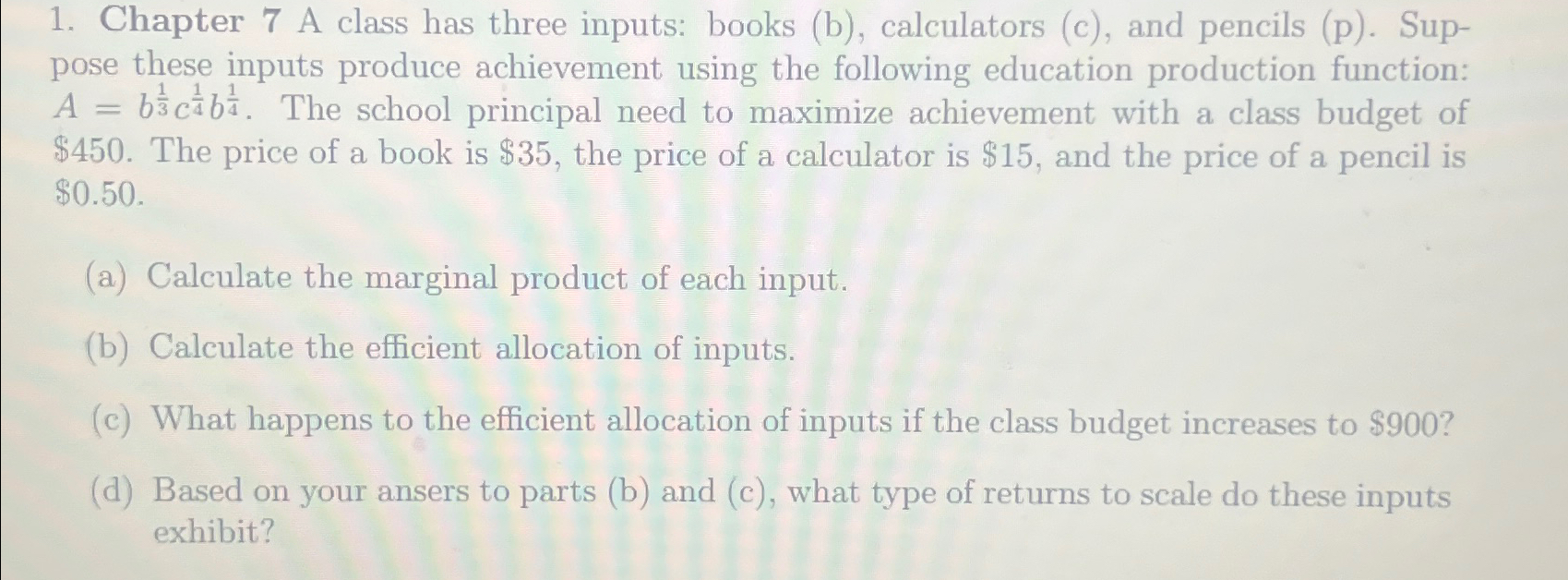 Solved A class has three inputs: books (b), ﻿calculators | Chegg.com