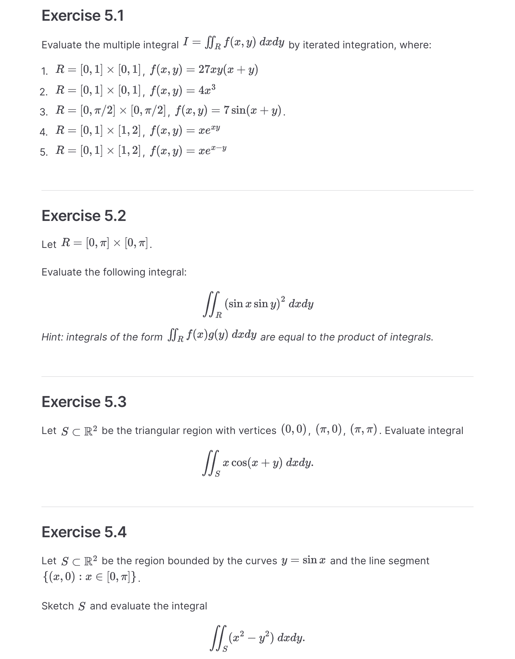 Solved Exercise 5.1Evaluate the multiple integral | Chegg.com