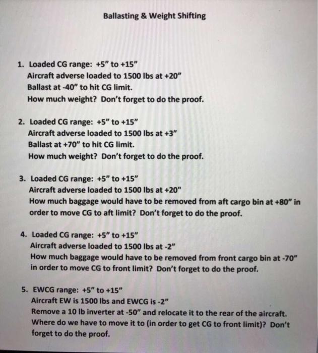 Ballasting & Weight Shifting 1. Loaded CG range: +5" | Chegg.com