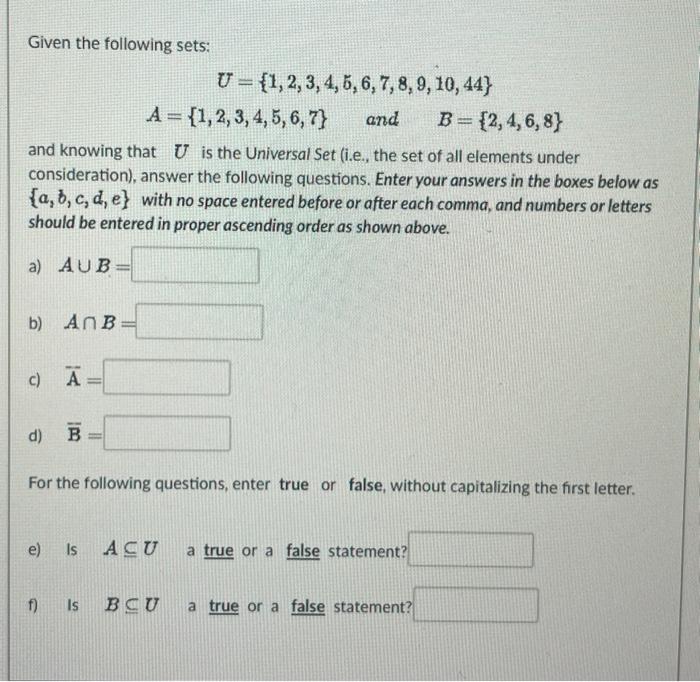 Solved Given the following sets: | Chegg.com
