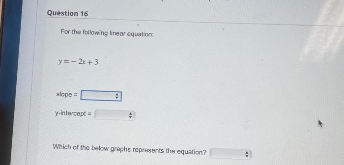 Solved For the following linear equation: y=−2x+3 slope = | Chegg.com