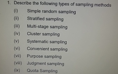 Describe the following types of sampling methods(i) | Chegg.com
