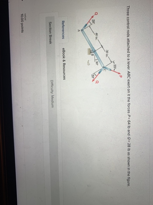 Solved: Three control rods attached to a lever ABC exert Solved: Three control rods attached to a lever ABC exert