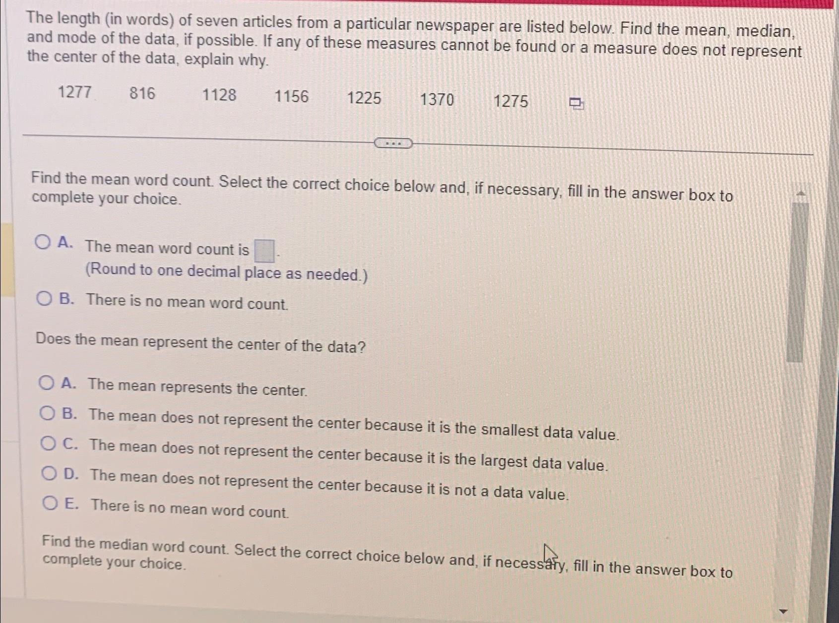 Solved The length (in words) ﻿of seven articles from a | Chegg.com