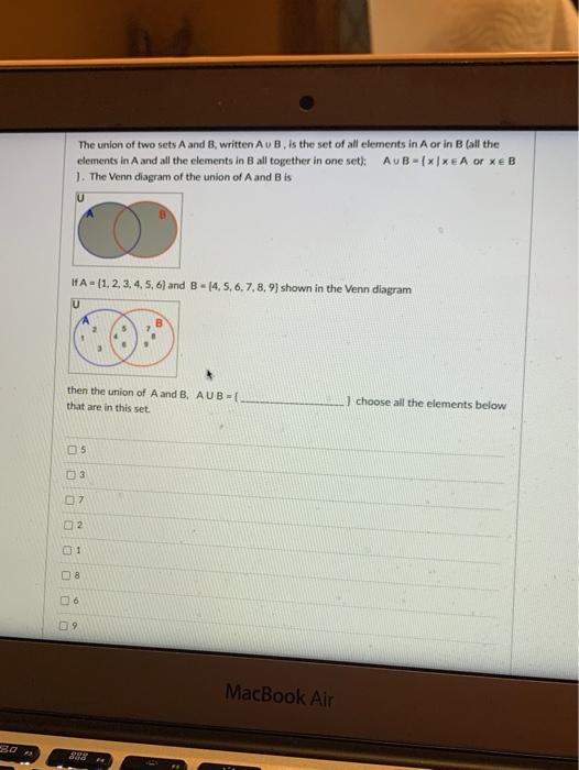 Solved The union of two sets A and B written Av B, is the | Chegg.com
