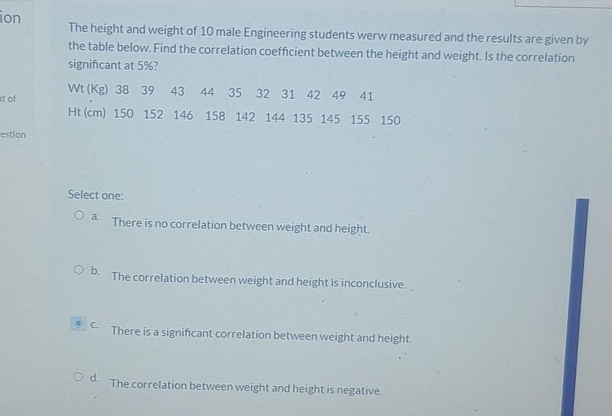 Solved ion The height and weight of 10 male Engineering | Chegg.com