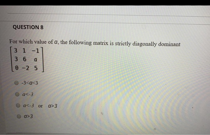 Solved QUESTION 8 For which value of a, the following matrix | Chegg.com