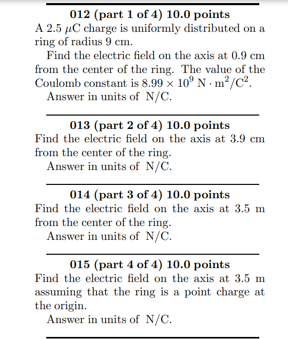 Solved 012 (part 1 ﻿of 4) 10.0 ﻿pointsA 2.5μC ﻿charge is | Chegg.com