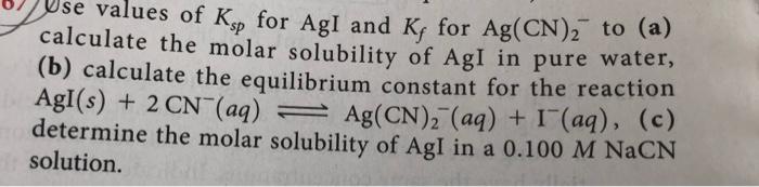 Solved values of Ksp for Agl and K, for Ag(CN)2 to (a) | Chegg.com