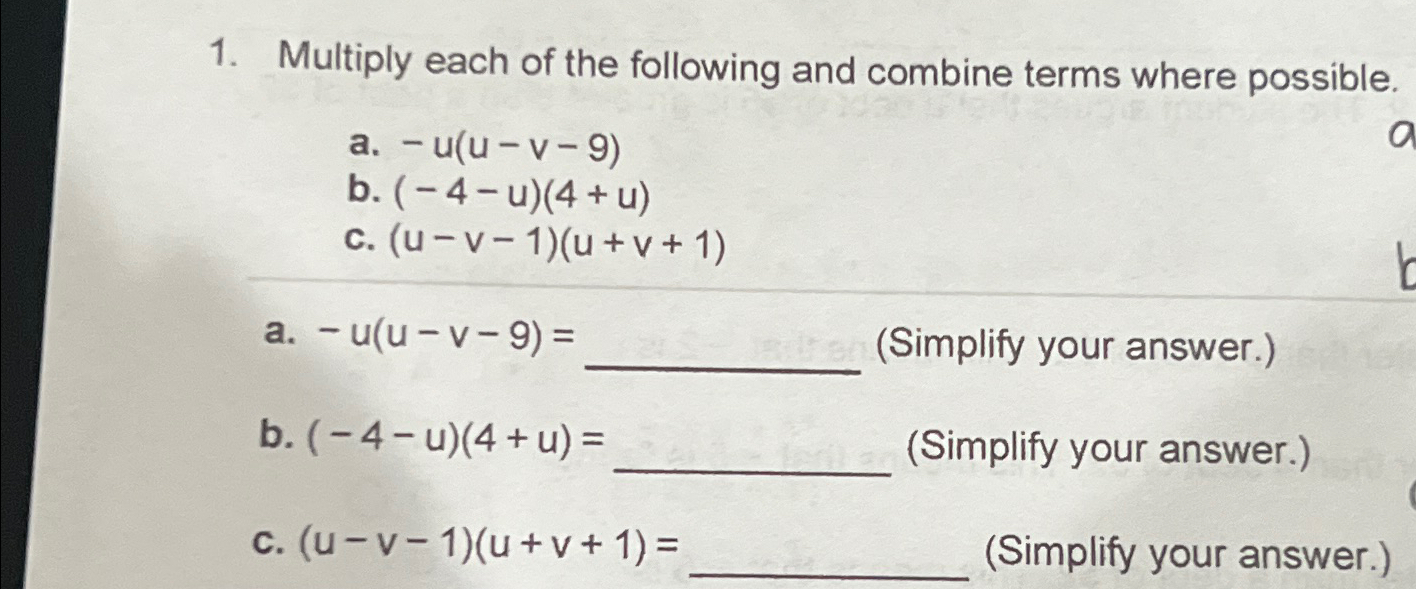 Solved Multiply each of the following and combine terms | Chegg.com