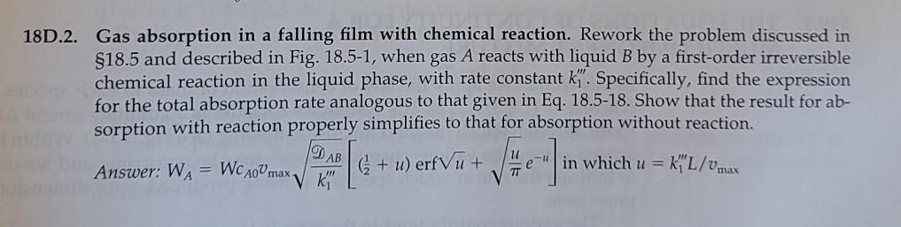 Solved 18D.2. Gas absorption in a falling film with chemical | Chegg.com